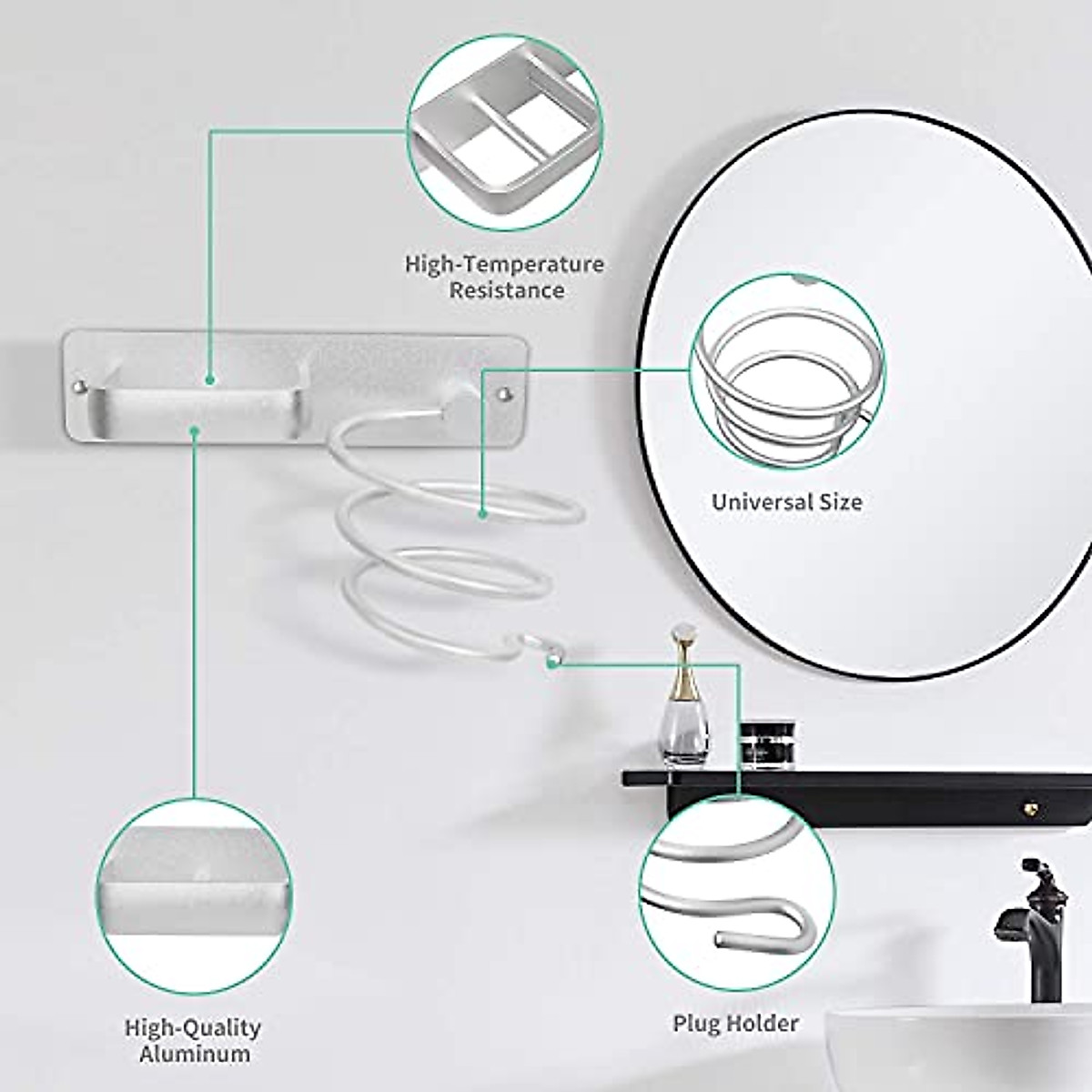 AXUAN Hair Dryer Holder Wall Mount,Bathroom & Bedroom Hair Care Styling Tools Organizer for Flat Iron,Curling Wand,Hair Straightener(Silver)