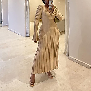 SOOKABEILA Women's Sexy Long Maxi Dress V Neck Backless Slim Fit Pencil Long Dress Bodycon Party Clubwear Dresses (G-Beige V Neck Knit,M)