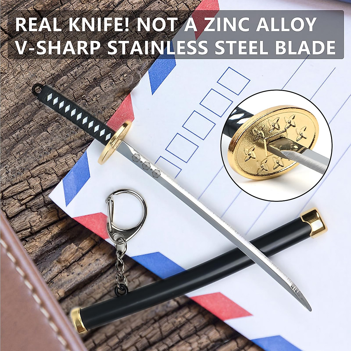 SHARP CASTLE Mini Japanese Katana, 5.7 inches Ultra Sharp Stainless Steel Knife with Scabbard, Anime Katana Keychain, Utility Knife Cutter, Handmade, Craft Use - Black（GT01.BK）