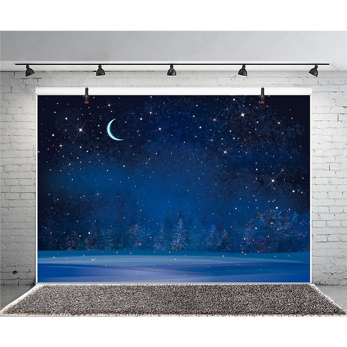 Yeele 8x6ft Winter Night Snowfall Snowflake Photography Backdrops Starry Sky Moon Blurry Fir Trees Pine Forest Background Merry Christmas Happy New Year Party Banner Decoration Studio Props