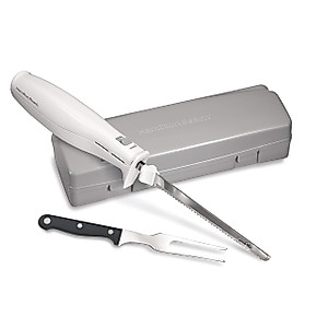 Hamilton Beach Electric Knife for Carving Meats, Poultry, Bread, Crafting Foam & More, with Reciprocating Serrated Stainless Steel Blades, Ergonomic Design, Storage Case + Fork Included, White