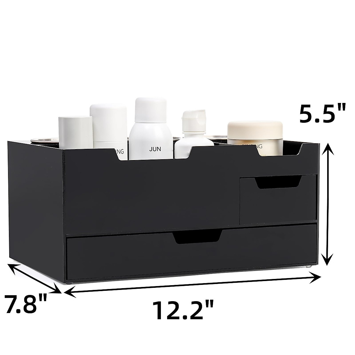 Hiceeden Acrylic Hair Tool Organizer Countertop, Hair Dryer Holder with 2 Drawer, Bathroom Vanity Accessories Storage Stand for Blow Dryer, Hair Brush, Straightener, Black