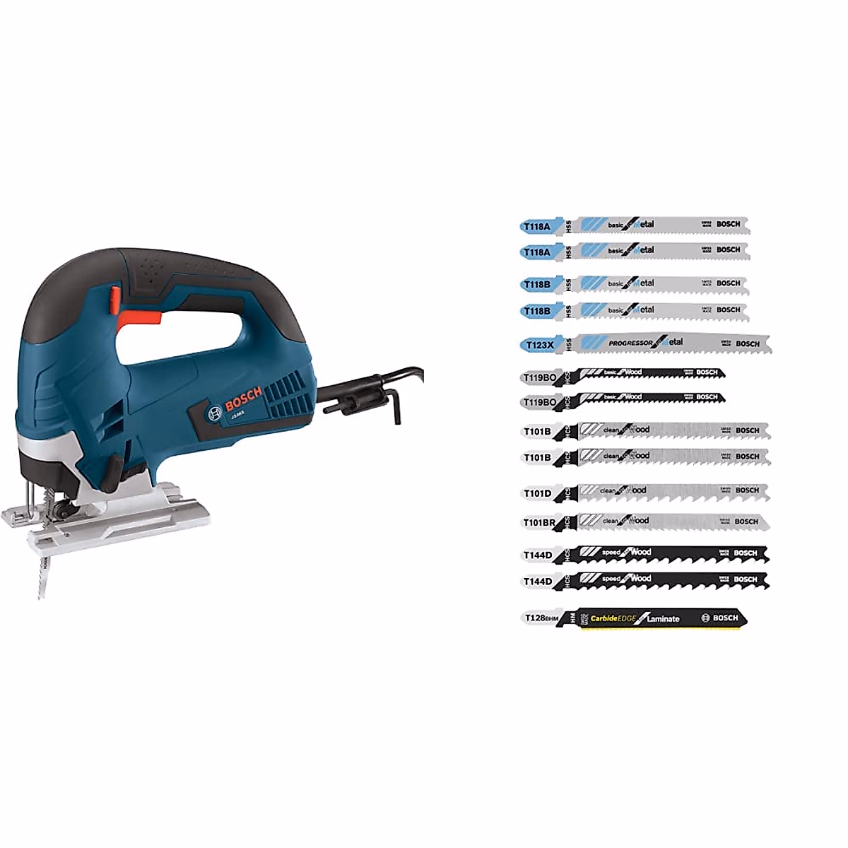 BOSCH 120-Volt Top-Handle Jigsaw Kit JS365 Blue, 6.5 Amp&Bosch 14 pc. Laminate/Wood/Metal T-Shank Jig Saw Blade Set T14C