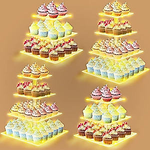 4 Pcs Square Acrylic Cupcake Stand, 4 Tier Cupcake Holder and 3 Tier Cupcake Tower with Yellow LED Light String Cupcake Pastry Display Stand for Wedding Birthday Candy Bar Decor