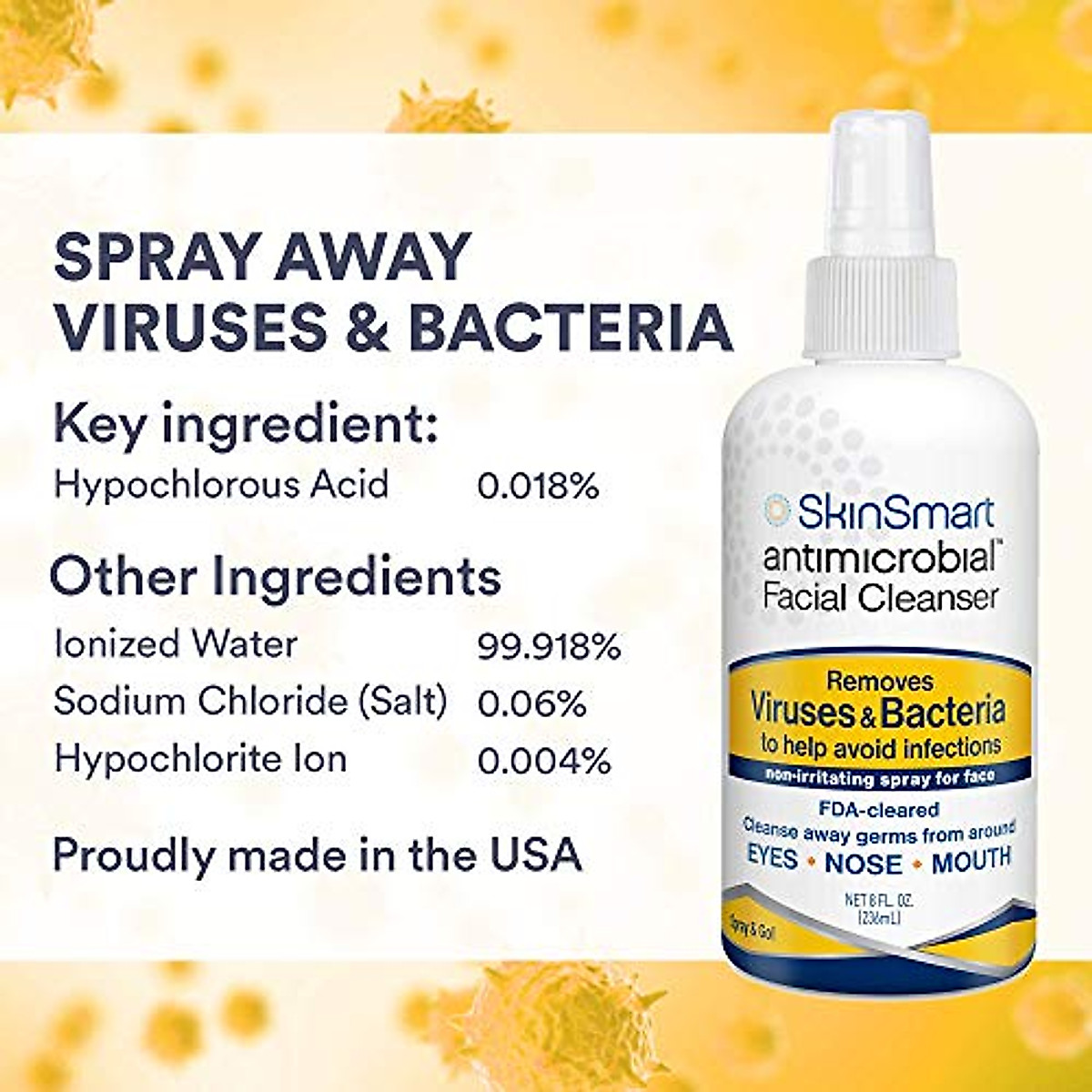 SkinSmart Antimicrobial Facial Cleanser Spray to Remove Viruses and Bacteria Around Eyes, Nose and Mouth, Fight Maskne, 8 oz Spray Non-Irritating Hypochlorous Spray