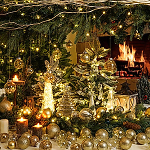 SLK Ornaments Shatterproof, 32 Counts Xmas Plastic Clear Christmas Balls Hanging Tree Glittering Balls with Stuffed Decorations Multi Size Gold