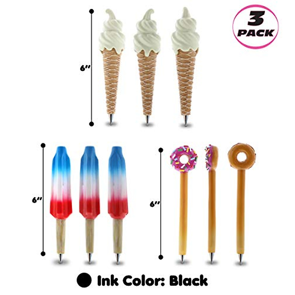 Planet Pens Bundle of Cute Treats: Sparkle Pink Donut, Vanilla Cone Ice Cream, & Ice Treat Novelty Pens - Fun Unique Office Supplies Ballpoint Pens For School & Office - 3 Pack