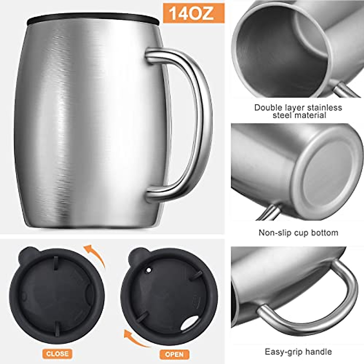 14 oz Insulated Stainless Steel Coffee Mug Spillproof with Lid Double Wall Travel Coffee Mug with Handle Shatterproof Metal Coffee Cups for Camping Outdoor Hot Tea Beer Cold Drink (Silver, 6 Pack)