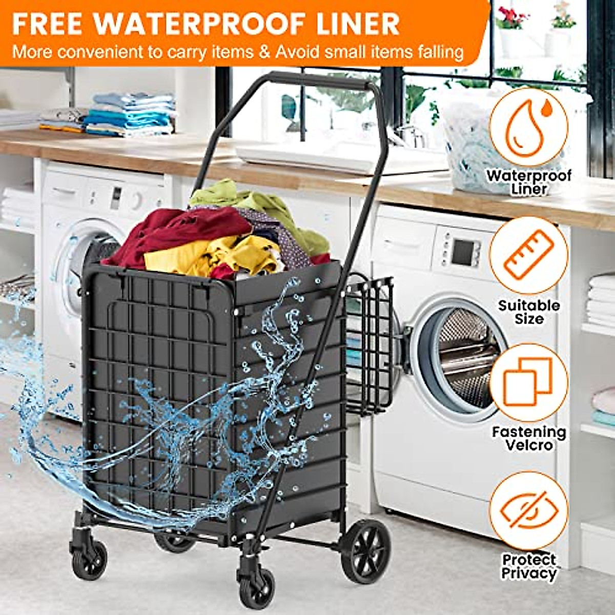 [2023 Upgrade] Shopping Cart with 360°Swivel Wheels,Waterproof Liner, Double Basket,Portable Foldable Grocery Cart, Folding Utility Shopping Carts for Seniors,Groceries,Laundry,Transport