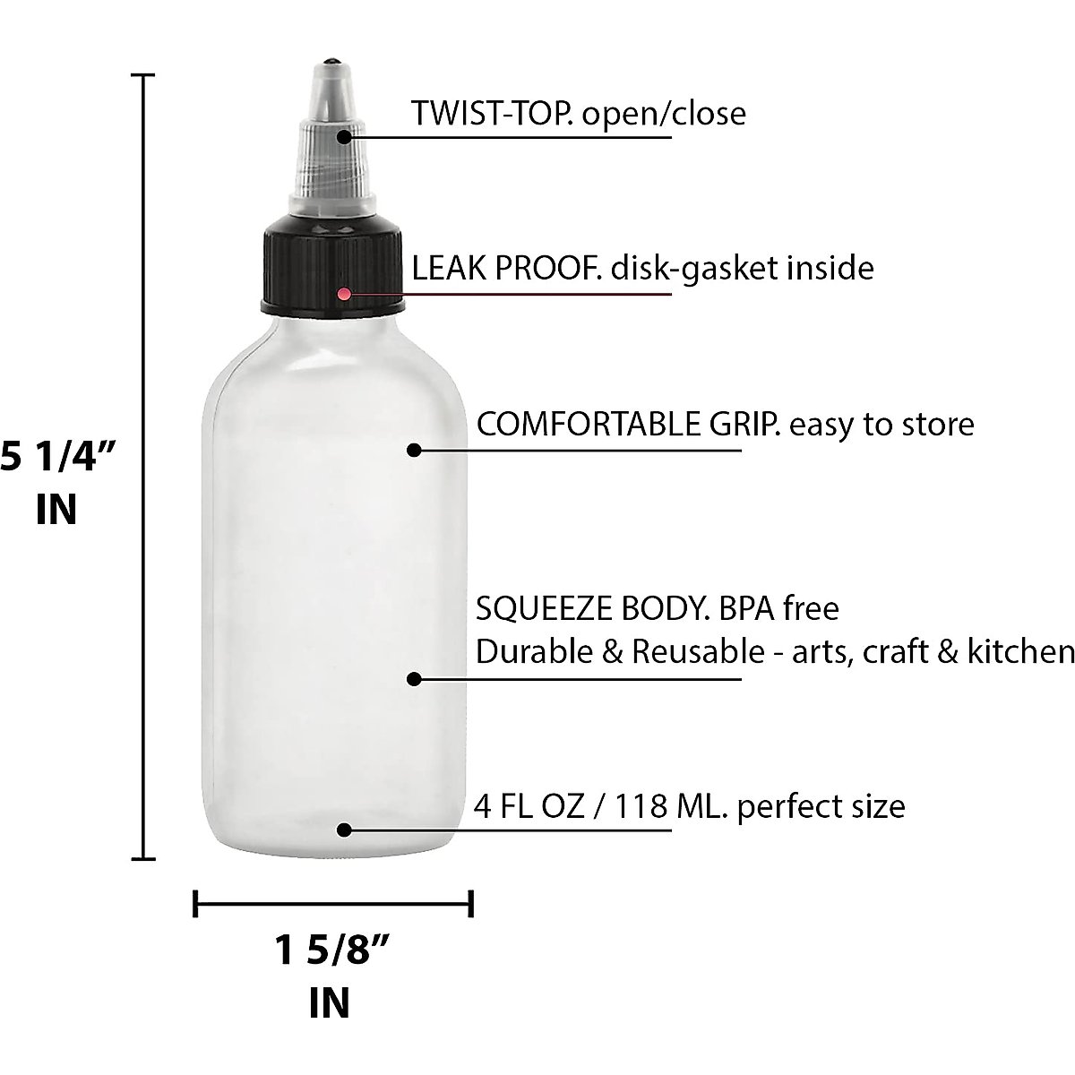BRIGHTFROM Twist Top Applicator Bottles, Squeeze 4 OZ Empty Plastic Bottles, Refillable, Black Open/Close Nozzle - Multi Purpose (Pack of 2)