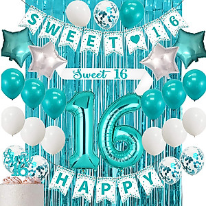 Sweet 16 Party Decorations Teal 16th Birthday Decorations for Girls Sweet 16 Birthday Banner 16 Teal Blue Balloons Birthday Sash and Caketopper