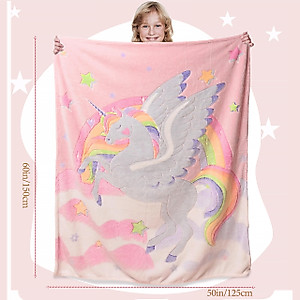 Unicorn Glow in The Dark Blanket for Girls Kids Soft Luminous Pink Unicorn Throw Blanket Birthday Gift for Age 1-15 Year Old Girls Room Decor Gift 50"x60"