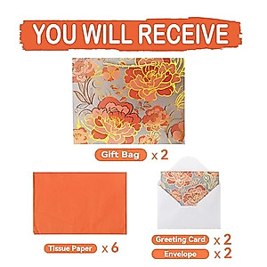 2 Pack 13" Large Rose Gold Gift Bag Set with Greeting Card and Orange Tissue Paper for celebrating birthdays,weddings,anniversaries,Mother's Day,and more-13"x10.1"x5.2”,2 Pcs.