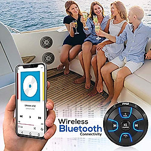 Pyle 6.5'' Dual Marine Speakers Kit - Waterproof-Rated w/Amplified Bluetooth Remote Control Receiver for Powersport Vehicles, IP65 Marine Grade Rating, 600 Watt Max Power PLMRKT8, Black
