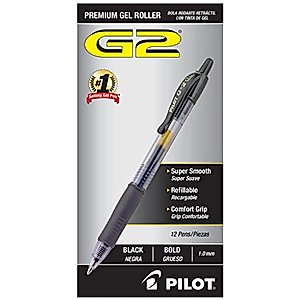 PILOT G2 Premium Refillable & Retractable Rolling Ball Gel Pens, Bold Point, Black Ink, 12 Count (Pack of 1)