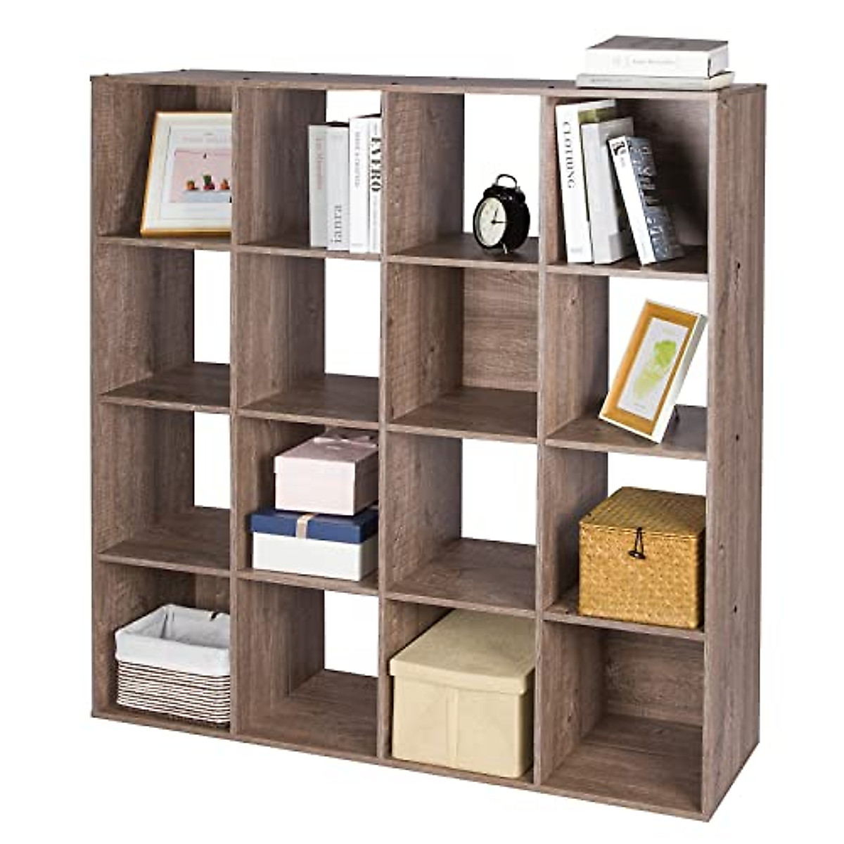 PACHIRA E-Commerce US 16 Cube Wooden Storage Organizer Bookcase, Bookshelf System Display Compartments, Sturdy Room Cube, Toy Storage Shelf, Rustic Brown Oak