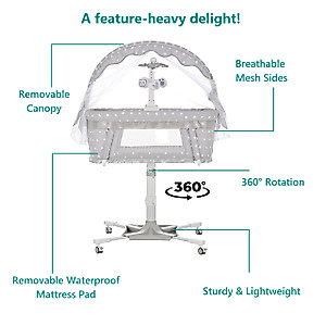 Dream on Me Breeze Swivel Baby Bassinet in Grey, 4 Adjustable Height Positions, Sturdy and Lightweight Portable Bassinet, Breathable Mesh Sides with Waterproof Mattress Pad