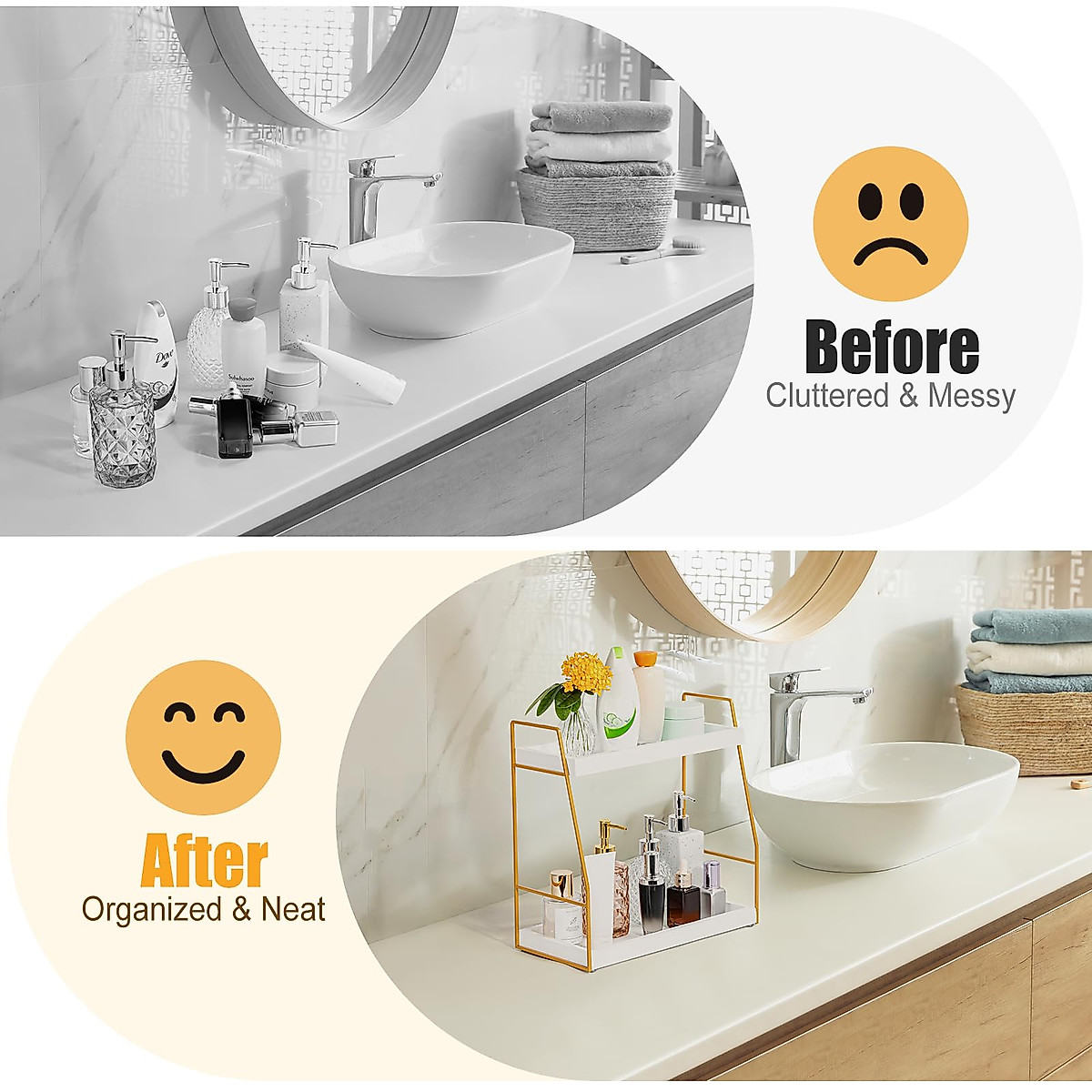 BYT Bathroom Organizer Countertop, 2-Tier Bathroom Organizer Tray for Counter with Basket, Vanity Organizer and Storage for Makeup Bedroom, Wood Spice Rack Organizer for Kitchen (Golden+White)