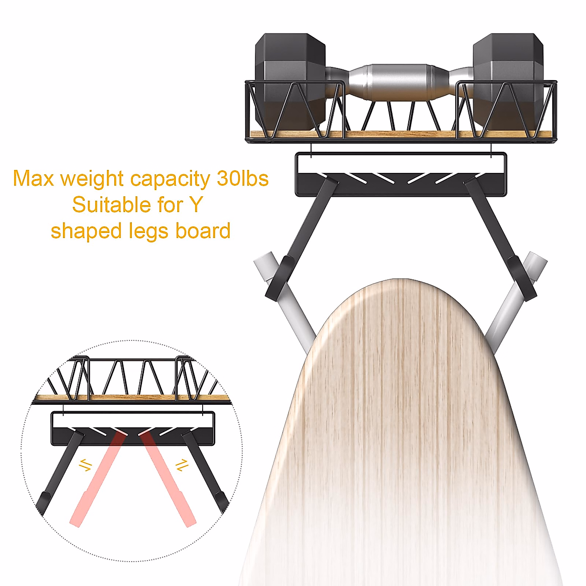 Tohomes Ironing Board Hanger Wall Mount, T& V Iron and Ironing Board Holder for Laundry Room, Iron Board Wall Mount with Large Storage Wooden Base Basket and Removable Hooks