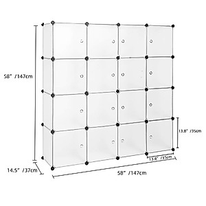 VINGLI Cube Storage Organizer, 16-Cube Plastic Closet Cabinet, DIY Plastic Modular Book Shelf Unit, Cube Shelves with Doors and 2 Hanging Rods - Translucent White