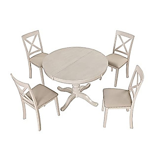 SZUBEE 4 5-Piece Extendable Round Set Solid Dining Table and X Back Wood Chairs for Kitchen Dinette, Antique White