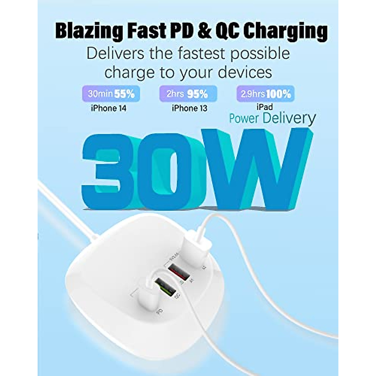 USB C Charger Station,4-Port (1*USB C 30W & 1*QC3.0 & 2*USB-A) USB Charging Station for iPhone 14 Series/13/13 Mini/13pro Max/12/12 Mini/12Pro/12 Pro Max/11/iPad/AirPod,Smart Phone,Multi Devices