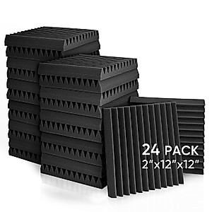 Fstop Labs Acoustic Panels, 2" X 12" X 12" Acoustic Foam Panels, Studio Wedge Tiles, Sound Panels wedges Soundproof Foam Padding Sound Insulation Absorbing Home and Office (24 Pack, Black)