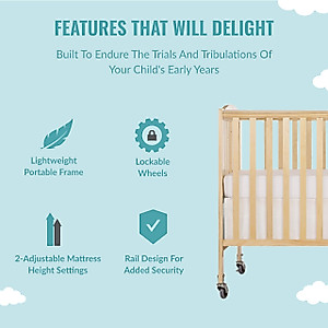 Dream On Me Folding Full Size Convenience Crib In Natural, Two Adjustable Mattress Height Positions, Comes With Heavy Duty Locking Wheels, Flat Folding