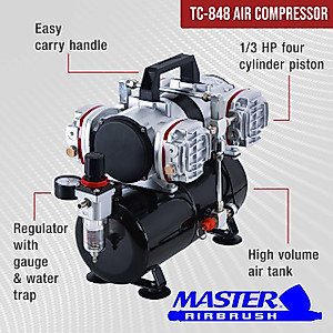 Master Airbrush TC-848 Air Compressor - 1/3 HP, 4-Cylinder, 4L Air Tank, 78L/Min Flow, Multi-Airbrush & Spray Gun Support, Diaphragm Regulator, Portable Handle - Ideal for Artists & All Skill Levels!