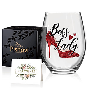 Pishovi Boss Lady Wine Glass with Gift Box, Funny Stemless Glass, Unique Gift for Women, Christmas Birthday New Job Gift for Female Entrepreneur Lady Boss, Coworker, Mom, Girl