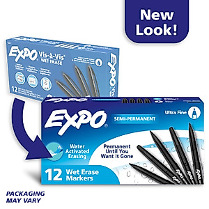 EXPO Vis-a-Vis Wet Erase Markers, Fine Point, Black, 12 Count