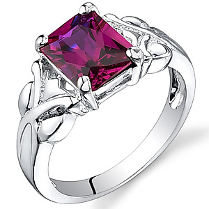 PEORA Created Ruby Ring in Sterling Silver, Criss-Cross Solitaire, Radiant Cut, 9x7mm, 3 Carats total, Comfort Fit, Size 9