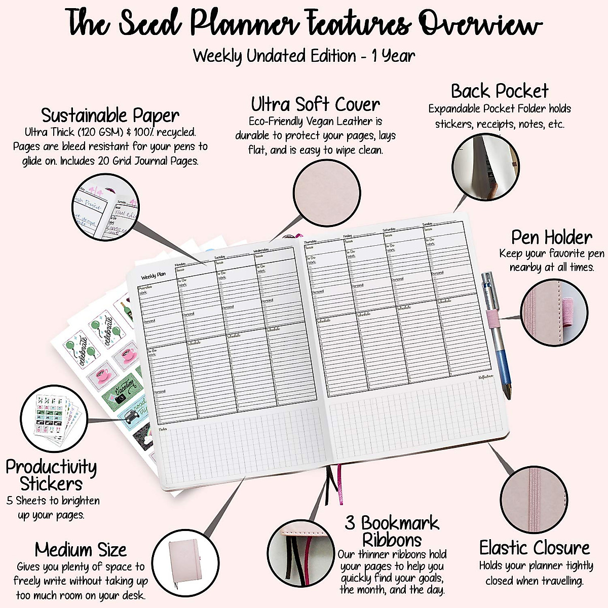 Undated Daily Planner - The Seed Planner - Weekly, Monthly & Yearly Organizer-Productivity Journal with Hourly Agenda, To Do List & Goals 2024 Pink