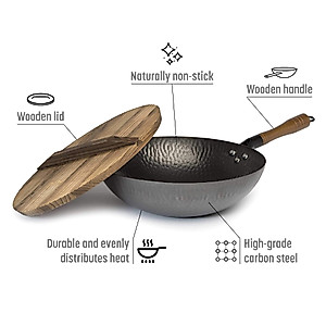 Goodful Hammered Carbon Steel 13-Inch Wok Pan with Lid, Black, Non-Stick, Compatible with Most Cooktops