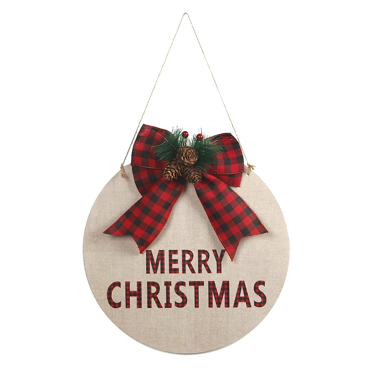 Merry Christmas Wreath Hanging Sign Front Door Round Wood Sign with Buffalo Check Bow, Rustic Xmas Linen Holiday Decor for Farmhouse Porch Living Room Home Garden Christmas Decoration.