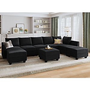 HONBAY Modular Sectional Sofa Set Oversized U Shaped Couch with Storage Ottoman Convertible Sleeper Sectional Sofa Velvet Modular Couch with Wide Chaise, Black