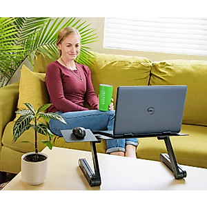 WorkEZ BEST Adjustable Laptop Stand Lap Desk for Bed Couch with Mouse Pad ergonomic height angle tilt aluminum desktop riser tray portable computer riser table cooler cooling folding holder black