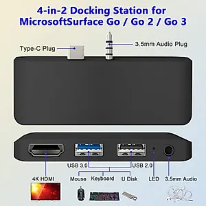 Microsoft Surface Go Docking Station, 4-in-1 Accessory with 4K HDMI + USB 3.0 Port Hub + 3.5mm Audio Adapter for Surface Pro and Go