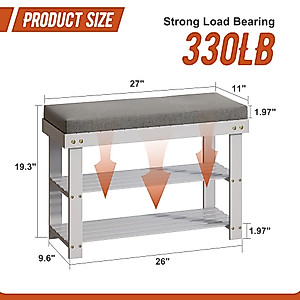 GHWIE Bamboo Shoe Rack Bench,Storage Organizer with Padded seat,3-Tier Shoe Rack for Entryway(Grey)