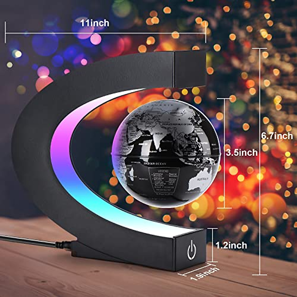 Floating Globe with LED Lights and Touch Switch C Shape Magnetic Levitation Floating Globe World Map for Desk Decoration (Black_Silver)
