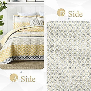 DDUOXIN Floral Quilts Queen Size - 100% Cotton Reversible Queen Quilt with 2 Pillow Shams, Farmhouse Striped Bedspreads Lightweight Queen Quilt Bedding Set, Yellow Gray, Queen