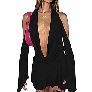 Hilinker Womens Sexy Deep V Neck Bodycon Dress Long Bell Sleeve Sheer Mini Party Dresses Black Medium