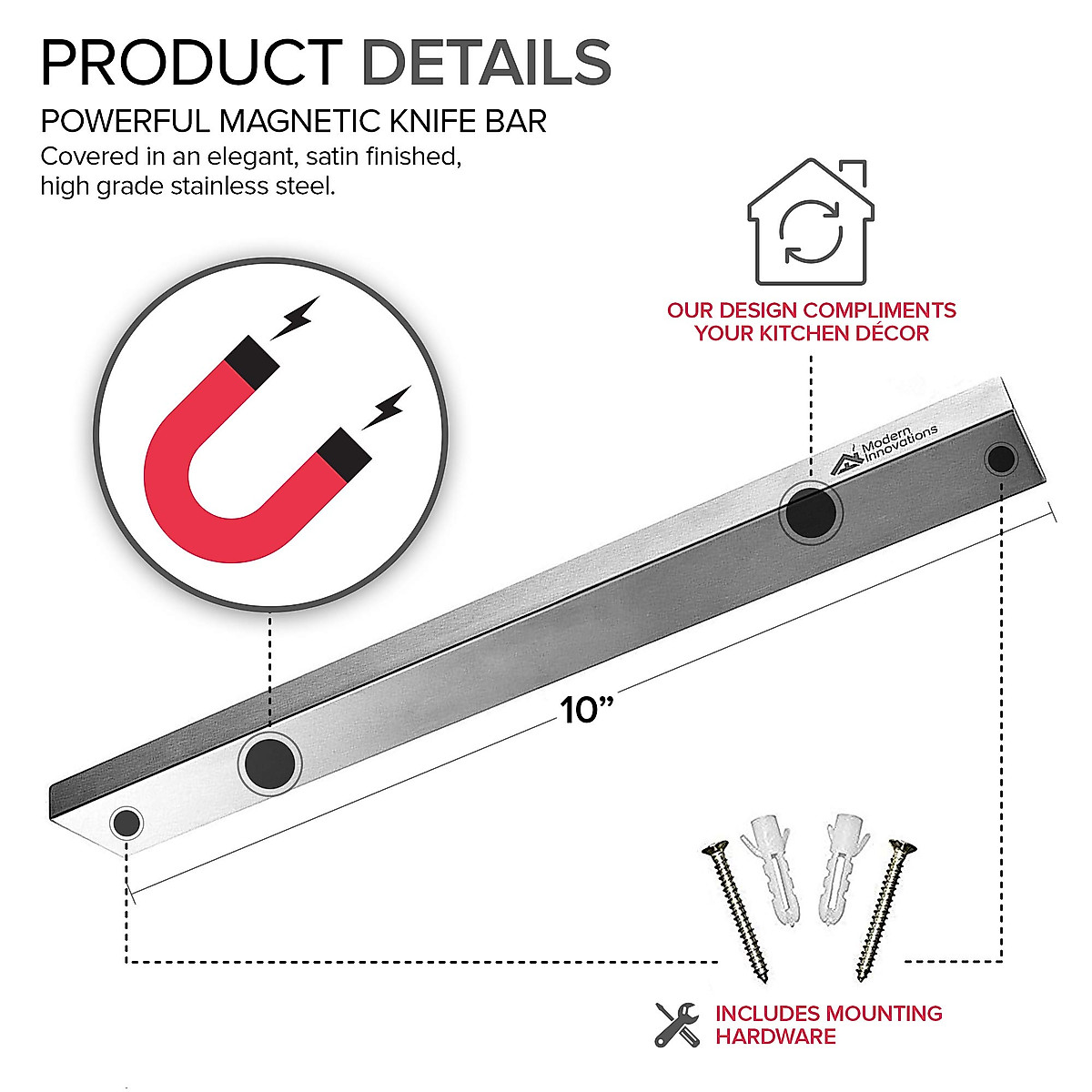 Modern Innovations 10 Inch Stainless Steel Magnetic Knife Bar with Multipurpose Use as Knife Holder, Knife Rack, Knife Strip, Kitchen Utensil Holder, Tool Holder, Art Supply Organizer, Home Organizer