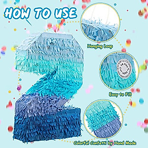 Number 2 Pinata with Stick Blindfold Confetti, Gradient Blue Pinata for Kids 2nd Birthday Party Large Blue Pinata for Boys Girls Birthday Anniversary Celebration Decoration Supplies (Number 2)