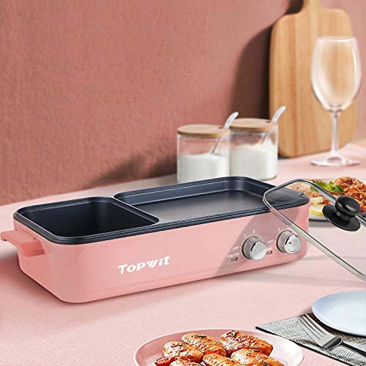 Topwit Electric Hot Pot with Grill, 2 in 1 Indoor Non-stick Hot Pot Electric with Grill for Steaks, Shabu Shabu, Noodles, Simmer and Fry, Korean BBQ Grill, Independent Dual Temperature Control, Pink