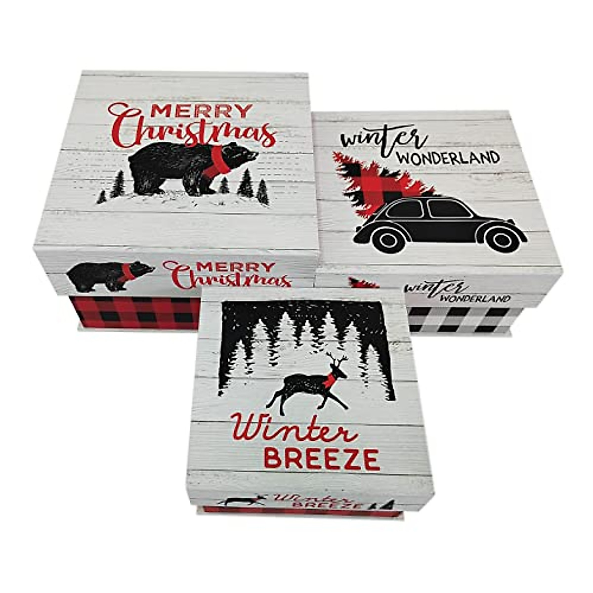 VOTUM Set of 3 Nesting Holiday Storage Boxes - Decorative Treasure Chest Stackable Paperboard Containers with Fitted Lids and Seasonal Sayings - Mountain Holiday