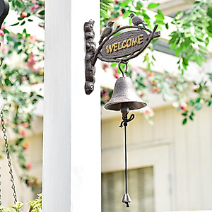 Sungmor Heavy Duty Cast Iron Wall Hanging Bell Welcome Sign - Decorative Retro Style Lovely Birds Manually Shaking Doorbell - Indoor Outdoor Wall Mounted Dinner Bell - Garden Home Wall Art Decoration