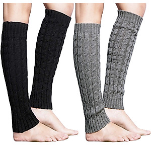 Loritta Women Knit Leg Warmers Winter Warm Long Boot Socks, B1-2pairs(black+dark Gray)