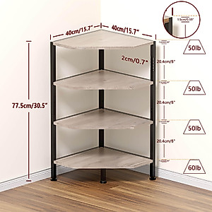 JOOLESER Corner Shelf - 4-Tier Corner Bookshelf with Metal Frame - Small Corner Shelves - Wood Corner Display Shelf for Living Room, Bedroom (Grey)