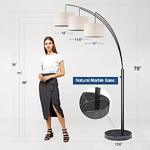 PARTPHONER Arc Floor Lamps for Living Room, Modern Black Floor Lamp Tall Standing Lamps, Multi-Arm Trilage Arched Floor Lamp for Bedroom Lounge Home Office, Light Beige Shades